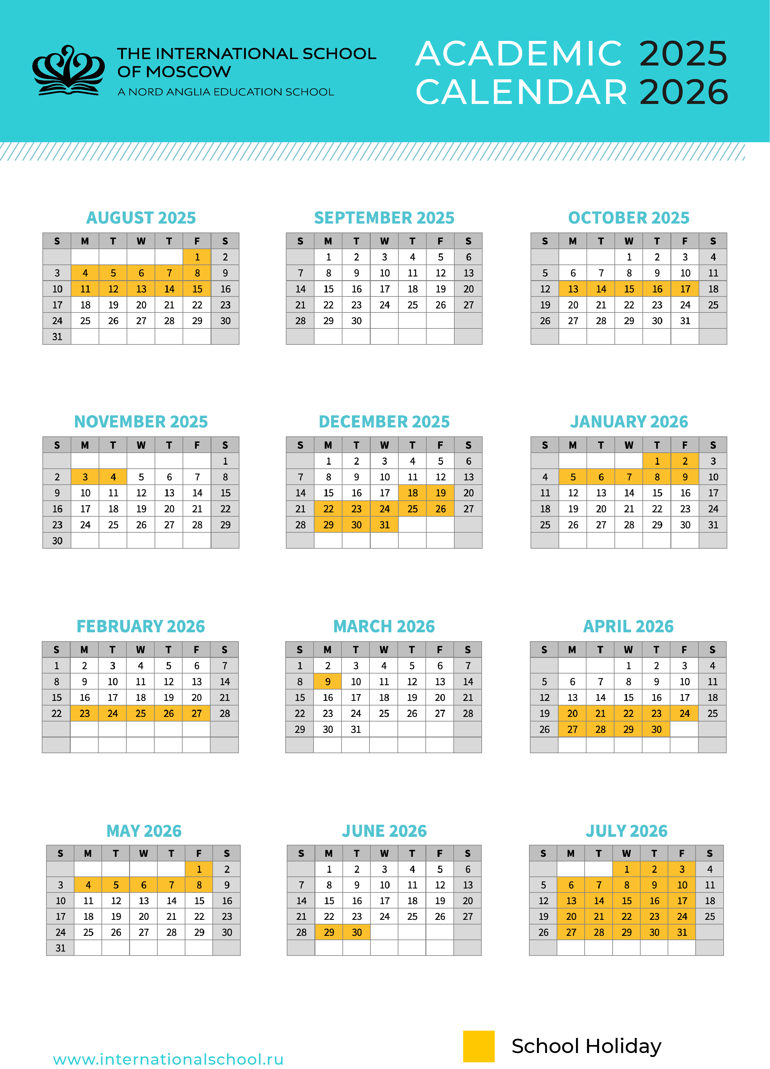 ISM School Calendar | The International School of Moscow